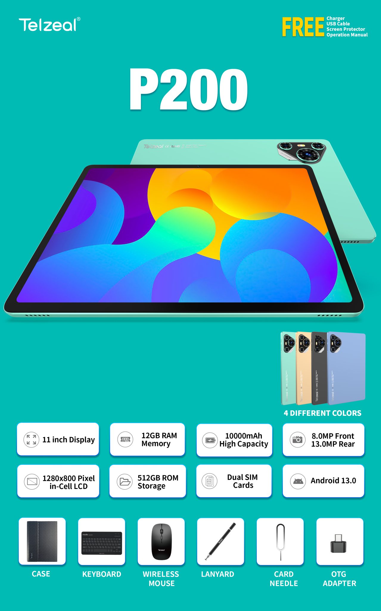 تبلت Telzeal P200 | نمایشگر 11 اینچ، رم 12 گیگ، حافظه 512 گیگ